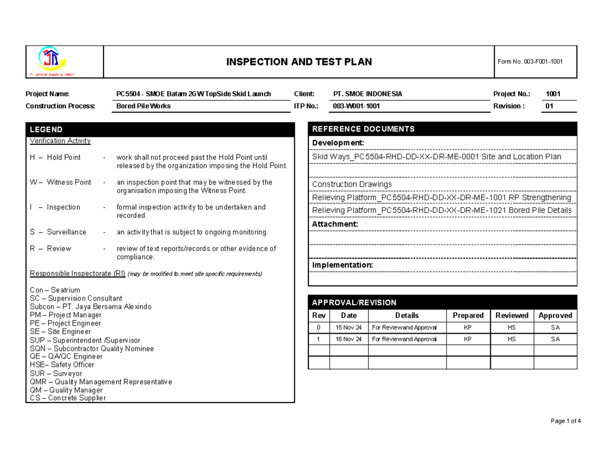 ITP - Bored Pile Works Inspection Plan - Project PC5504 - Studocu