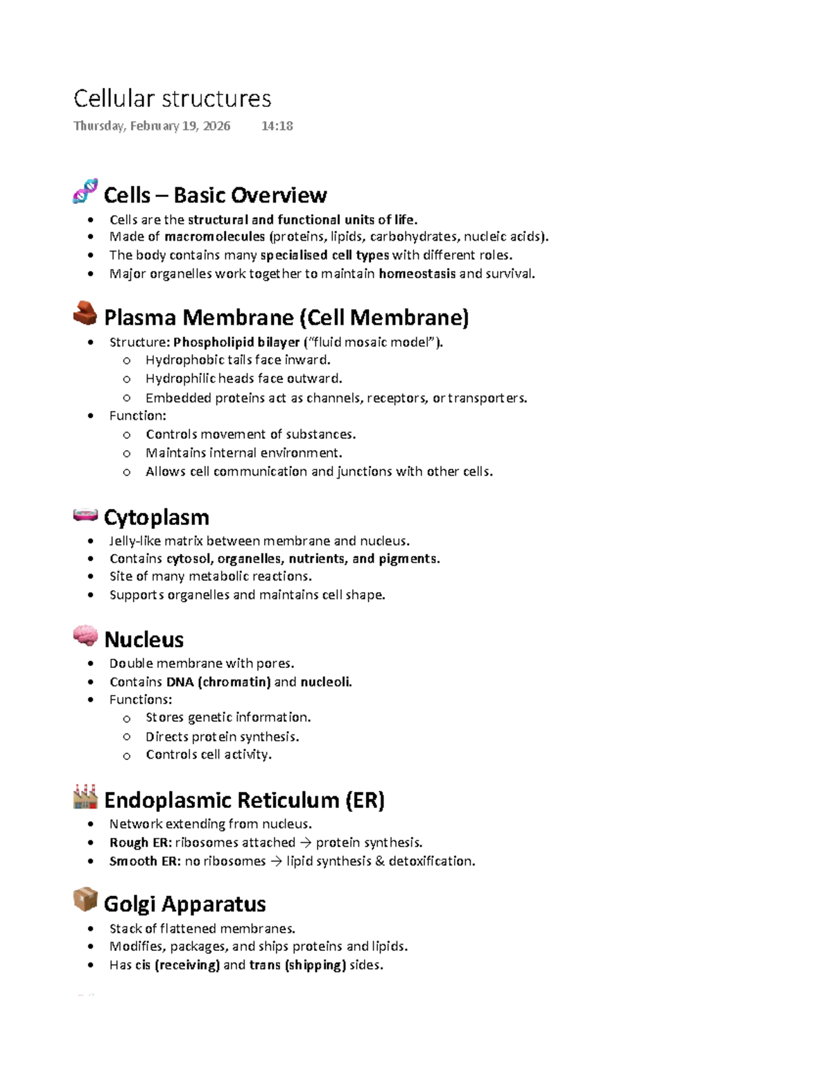 Cellular Structures Overview - Notes on Cell Organelles - Studocu