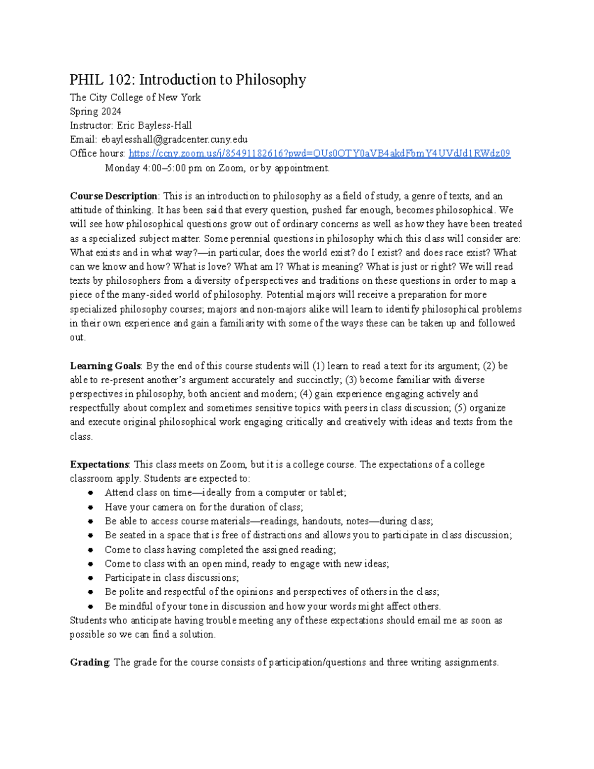 PHIL 102 Sp 24 Introduction to Philosophy Syllabus Overview - Studocu