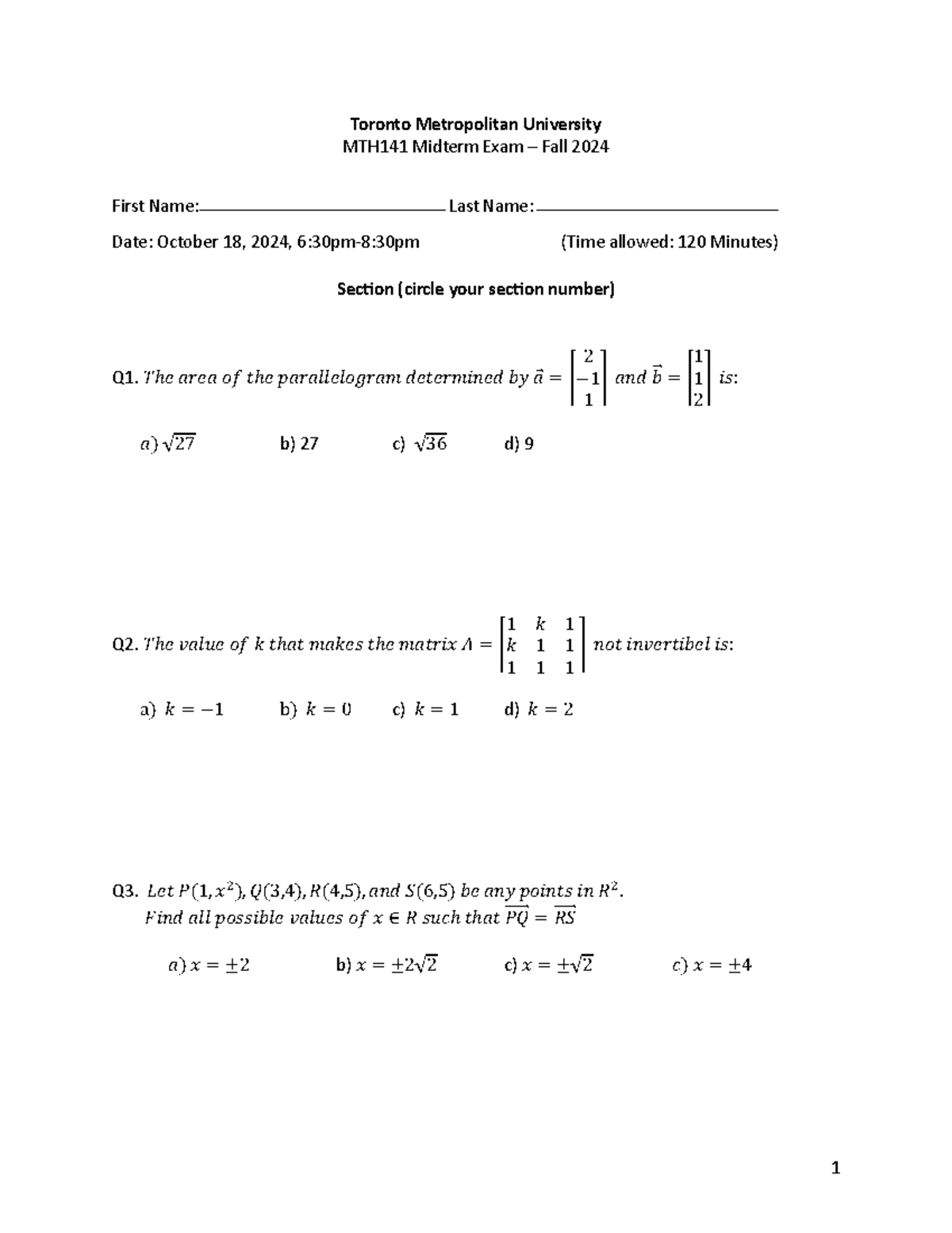 MTH141 Midterm Exam Practice - Toronto Metropolitan University Fall ...