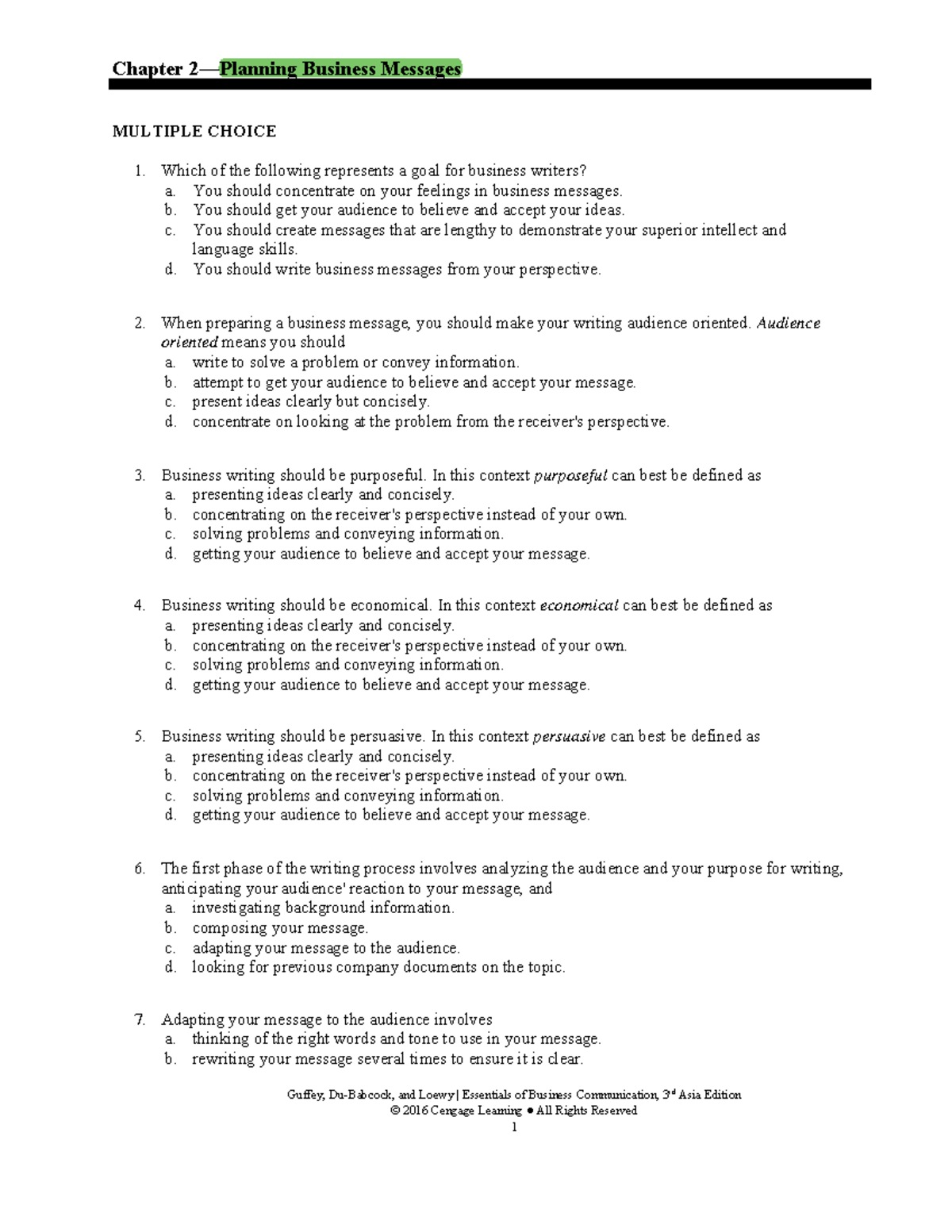 Chapter 2 - Planning Business Messages Quiz - Studocu