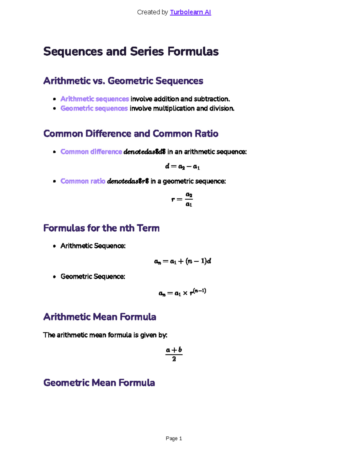 Sequences and Series Formulas - Sequences and Series Formulas ...