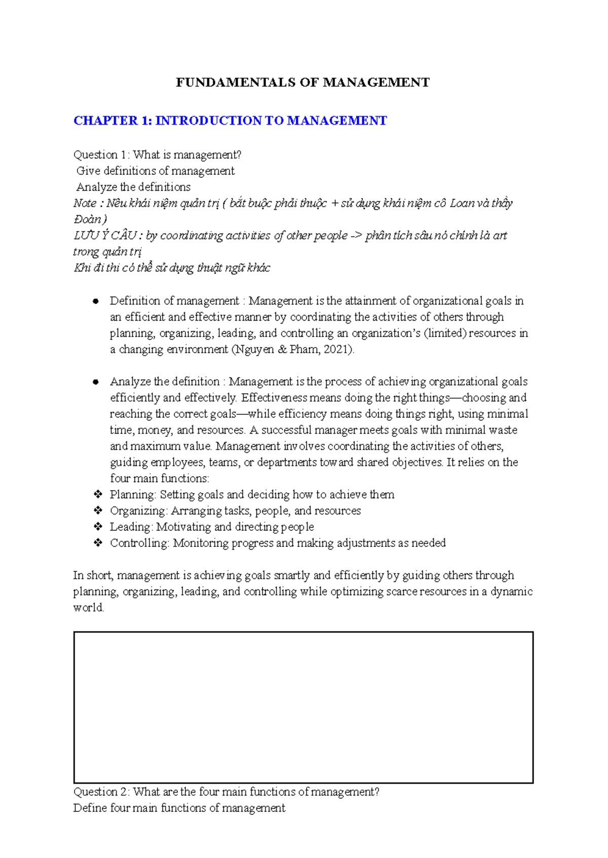 FUNDAMENTALS OF MANAGEMENT CHAPTER 1: INTRODUCTION TO MANAGEMENT Study ...