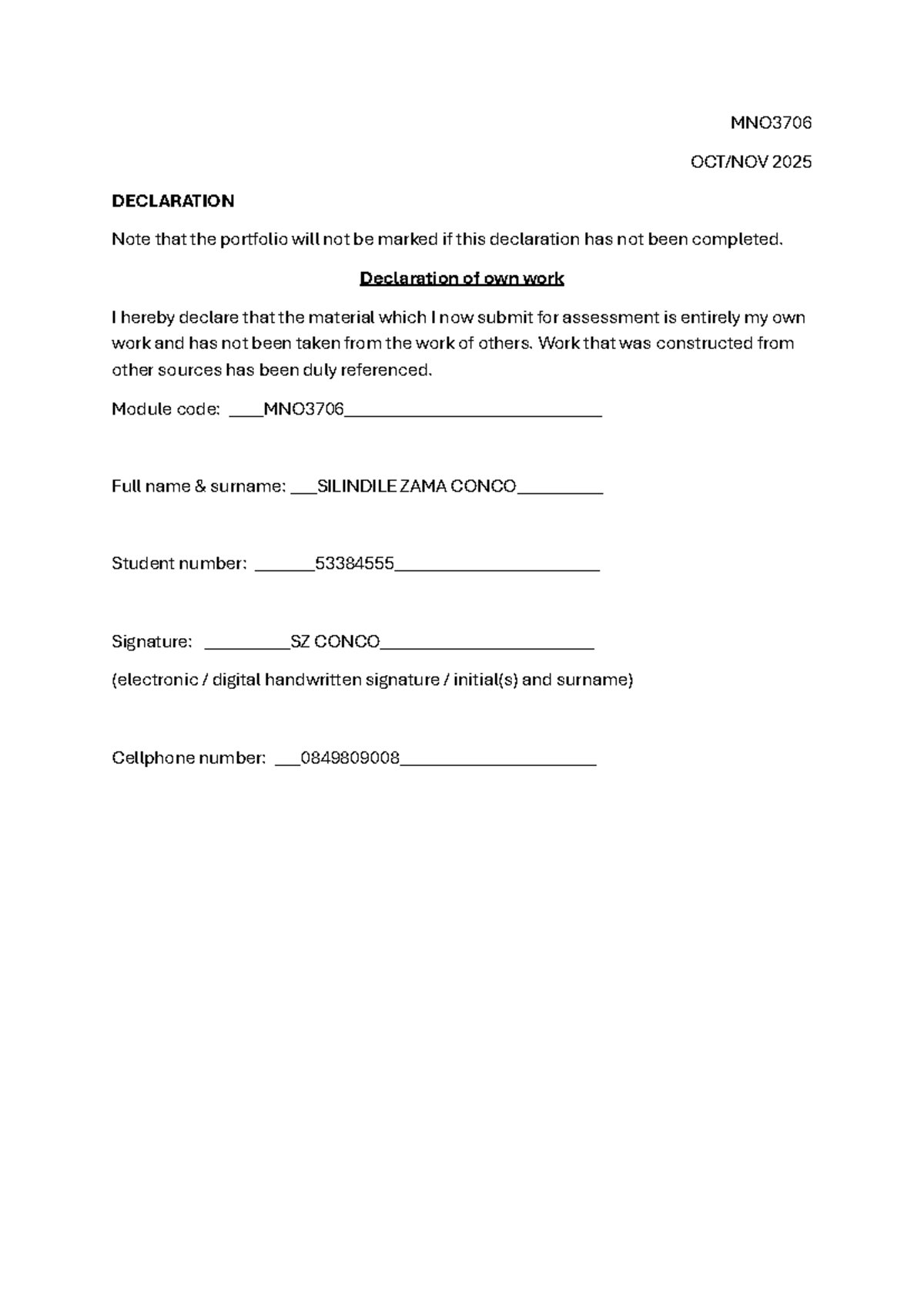 MNO3706 2025 EXAMINATION DECLARATION & EVENT TREE ANALYSIS - Studocu