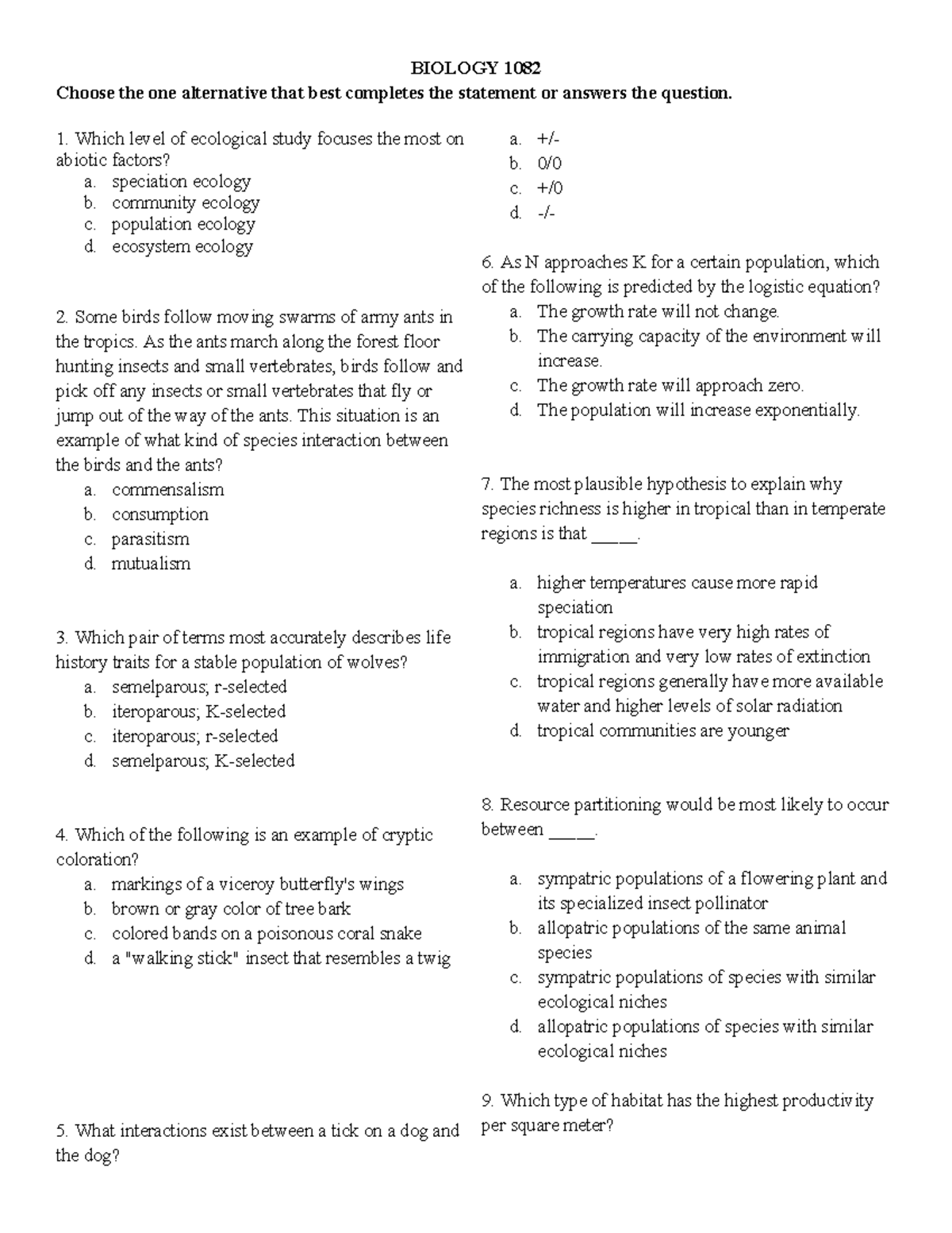 BIOLOGY 1082 Mock Exam - Exam 4 Review Questions - Studocu