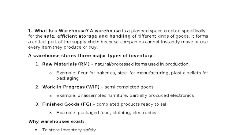 1 - Summary Note on Warehouse Management and Logistics (WMS 101) - Studocu