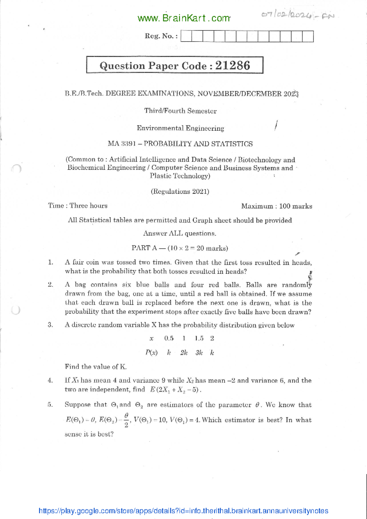 Probability and Statistics MA3391 - Question Paper Nov-Dec 2023 - Studocu