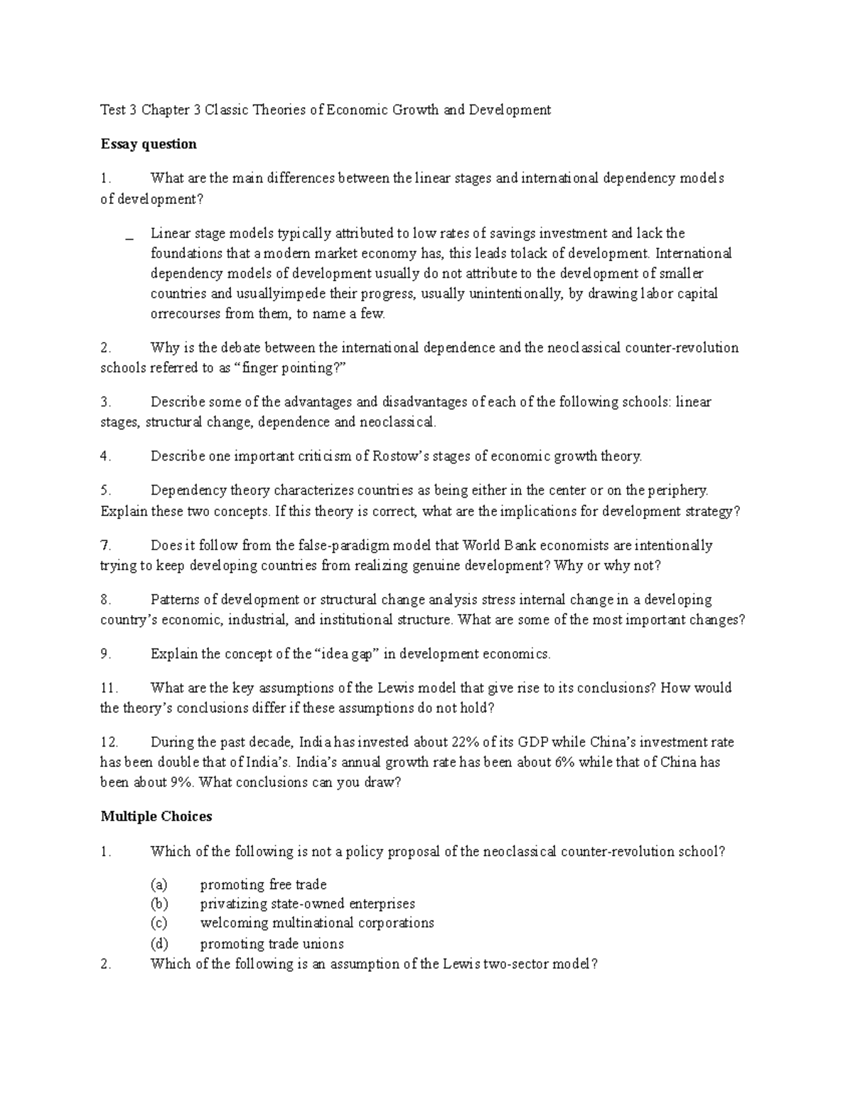Test 3: Chapter 3 - Classic Theories of Economic Growth (Eco-54085531 ...