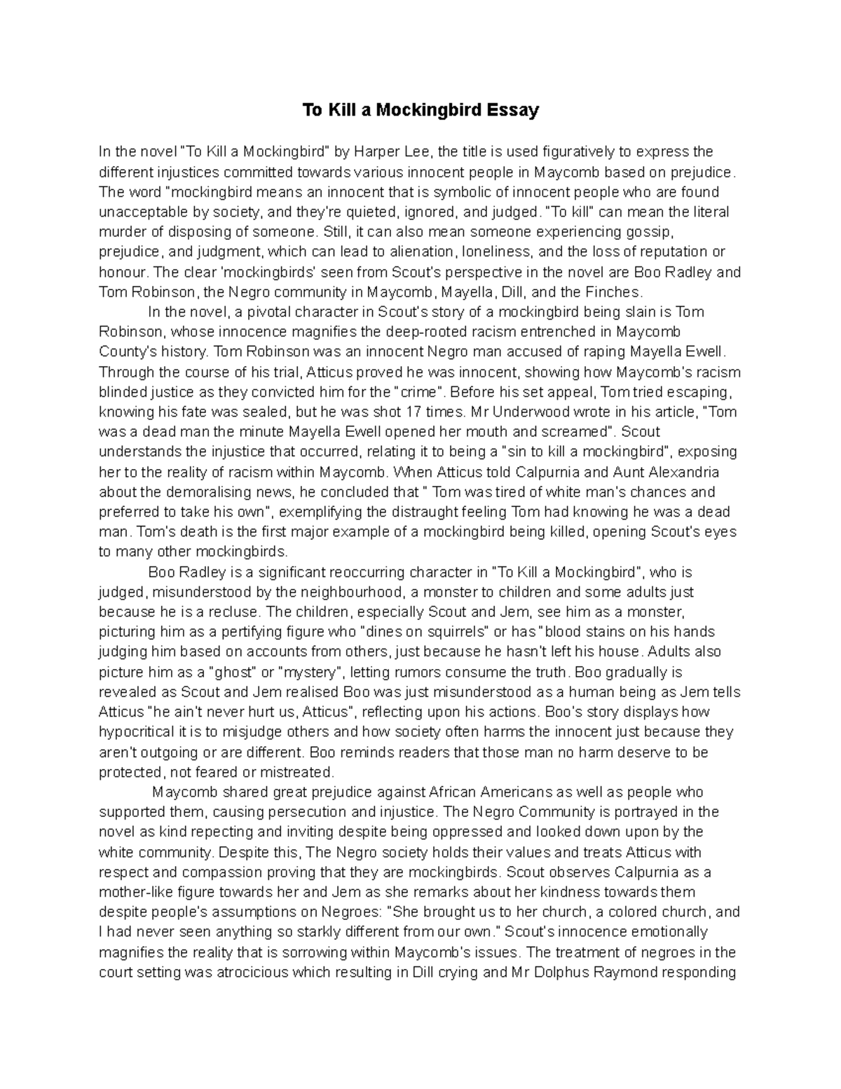 Final Essay: Exploring Injustice in "To Kill a Mockingbird" - Studocu