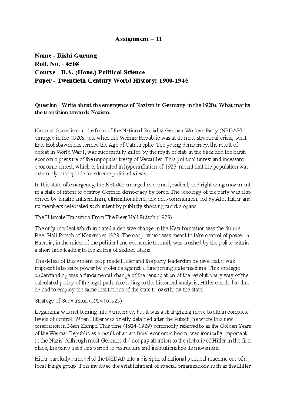 B.A. (Hons.) Political Science: Emergence of Nazism in the 1920s - Studocu