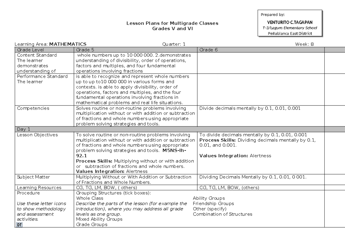 Mathematics 56 Lesson Plans for Multigrade Classes - Q1 W8 - Studocu