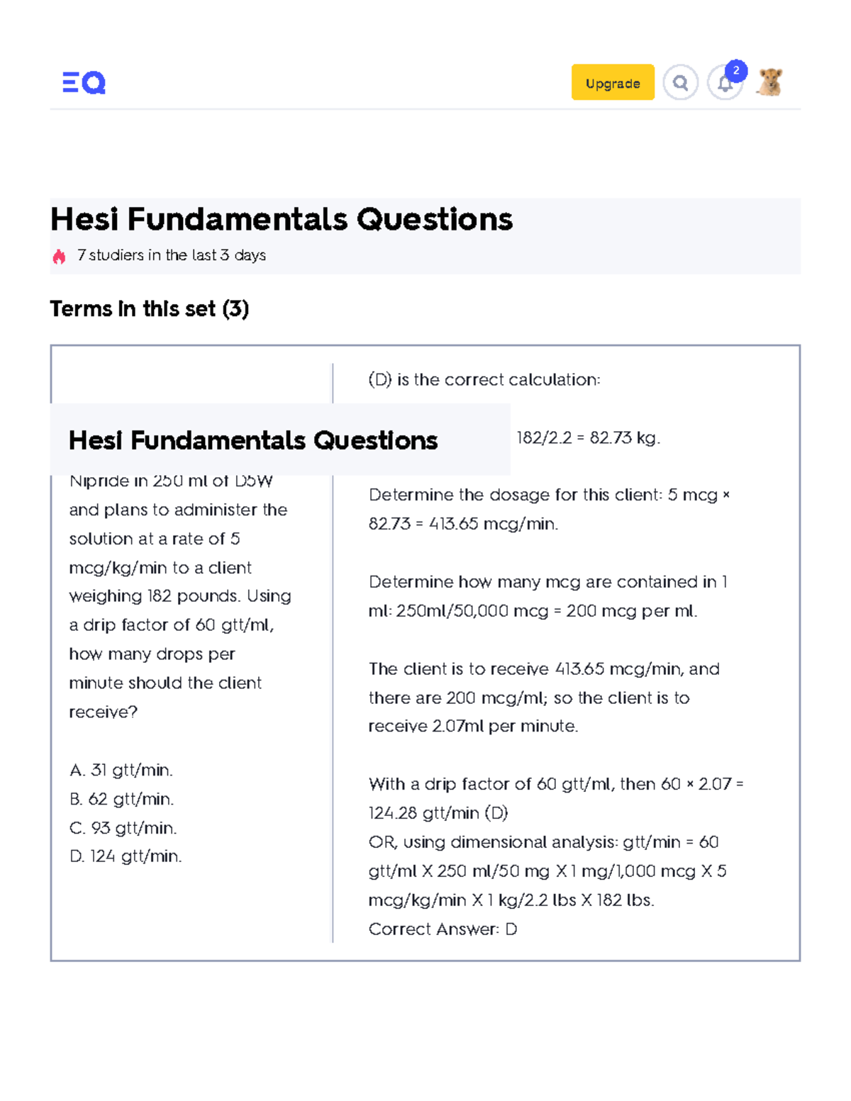 HESI Fundamentals Quizlet: Key IV Calculations Flashcards Guide - Studocu