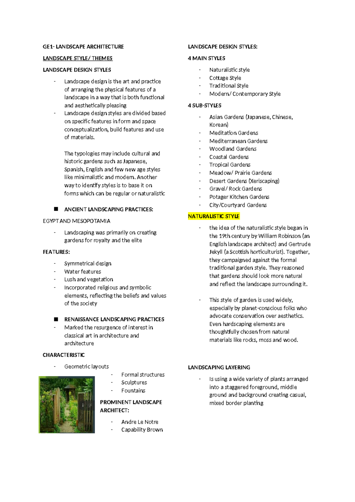 GE1 - Final Exam Summary: Landscape Architecture Design Styles - Studocu