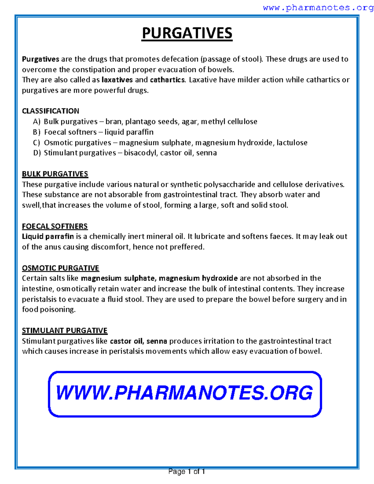 Purgatives : Drugs and Classification - PURGATIVES Purgatives are the ...