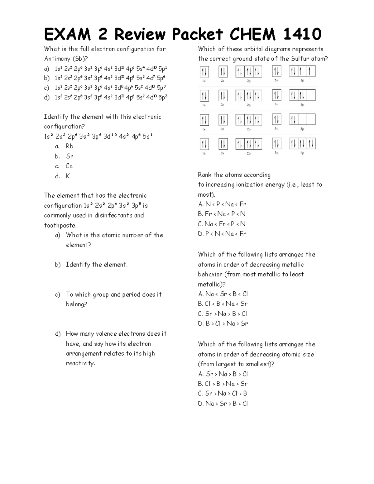 Exam 2 Review Packet CHEM 1410: Electron Configurations & Bonding ...