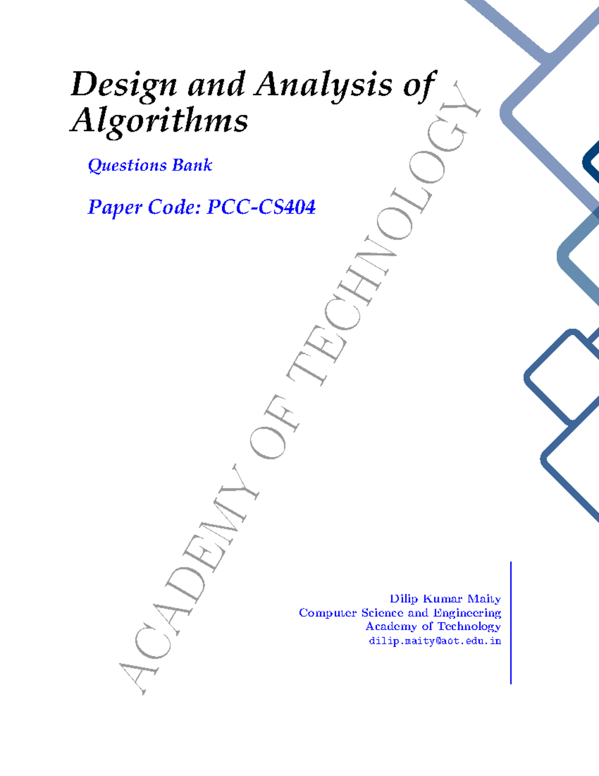 Daa Notes: Questions Bank for Design and Analysis of Algorithms (ACA D ...