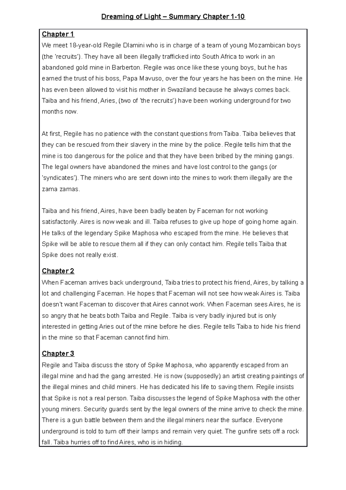 Dreaming of Light - Chapter Summary (Analysis) - Studocu