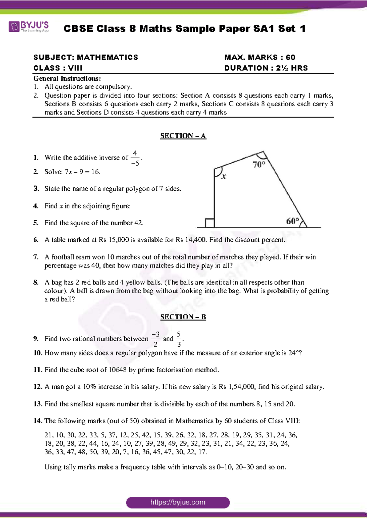 CBSE Class 8 Maths Sample Paper SA1 - Set 1 (Max Marks: 60) - Studocu