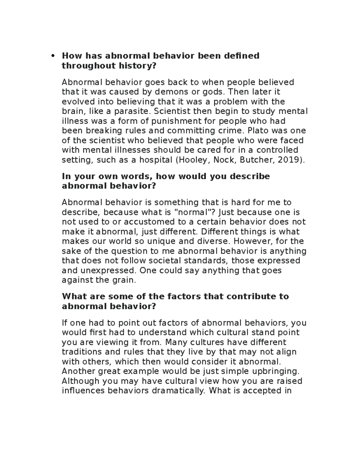 Discussion 1 - How has abnormal behavior been defined throughout ...