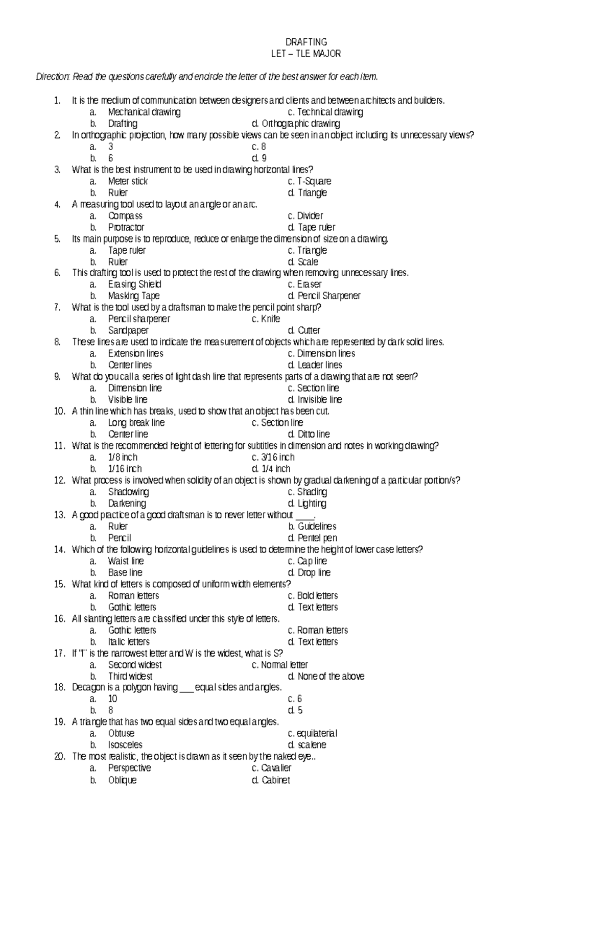 TLE- Drafting - review - DRAFTING LET – TLE MAJOR Direction: Read the ...