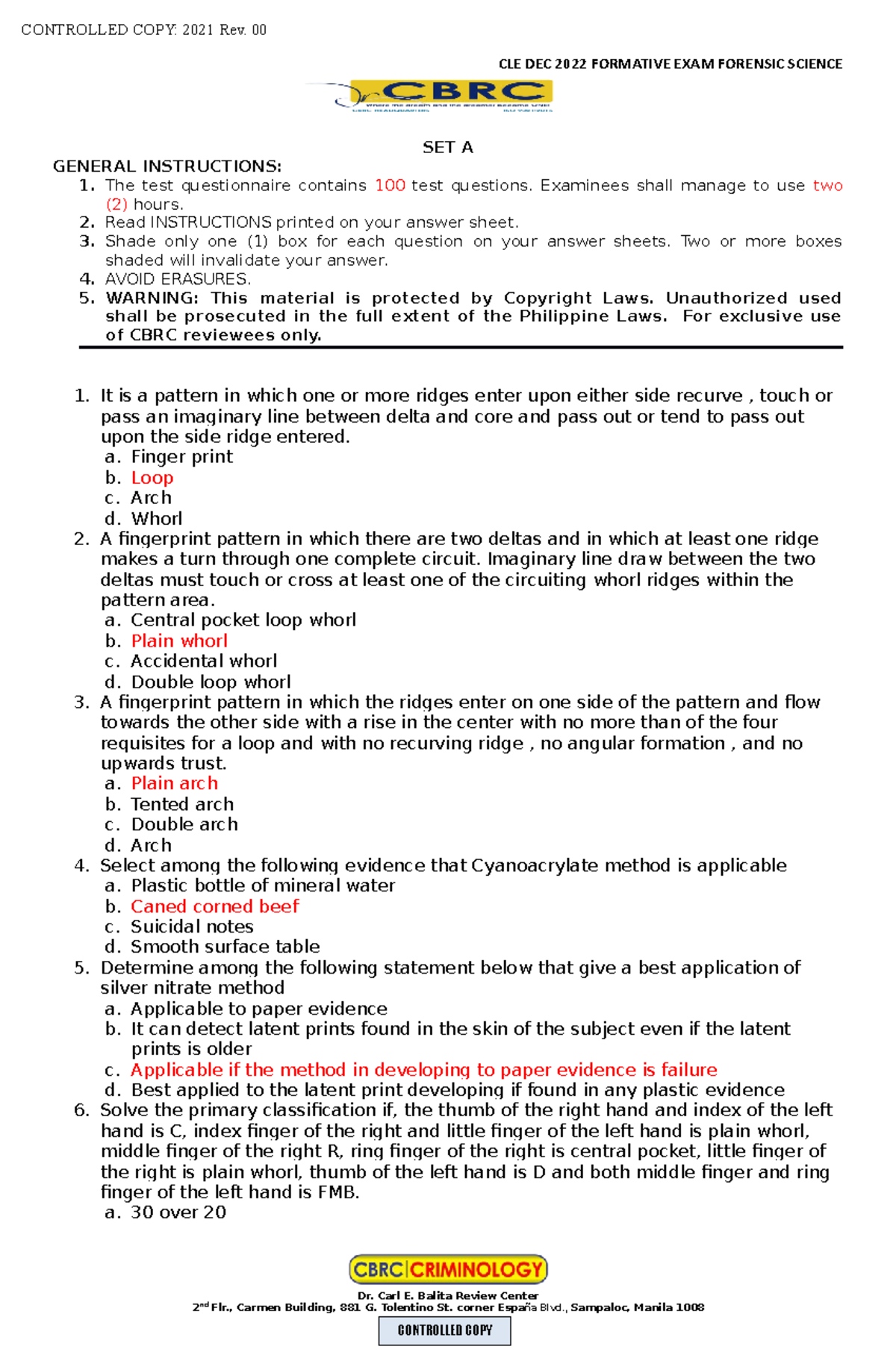 Forensic Science CLE DEC 2022 Formative Exam - Set A Review Guide - Studocu