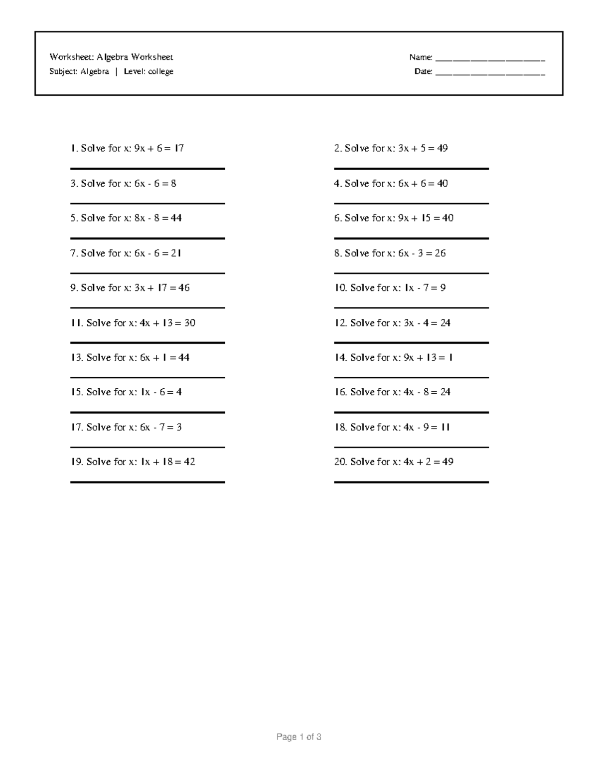 Algebra Worksheet 7: Problem Set & Answer Key (College Level) - Studocu