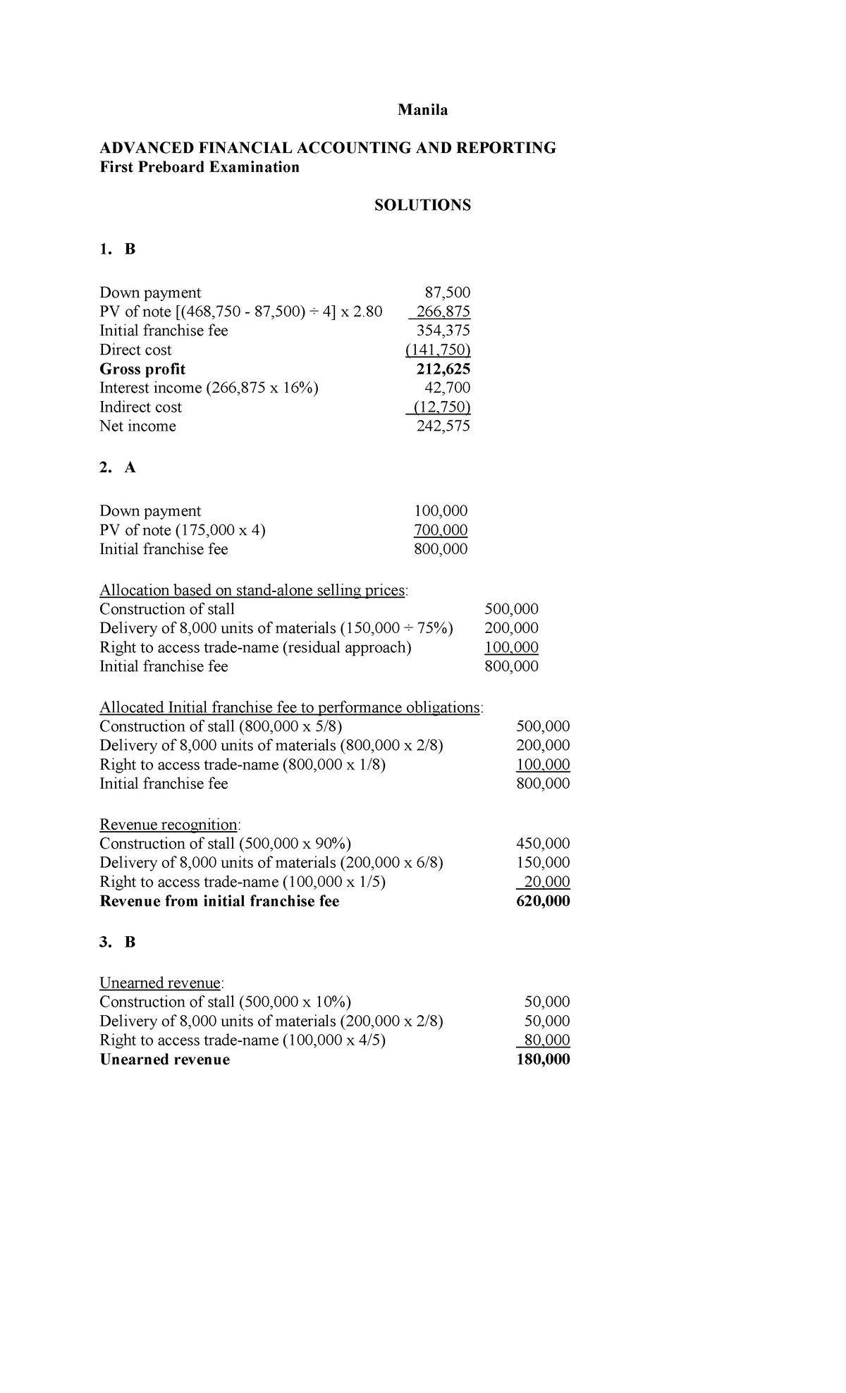 CPAR 95 AFAR First Preboard Exam Solutions and Answer Key - Studocu