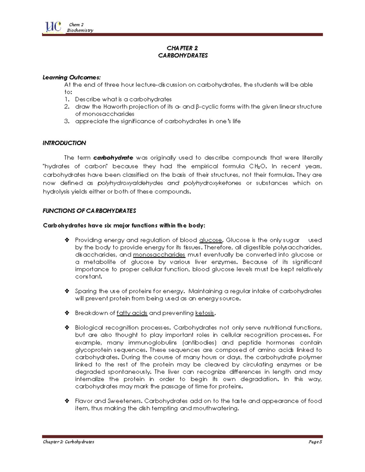 Chem 2 Biochemistry CHAPTER 2: CARBOHYDRATES Overview and Learning ...