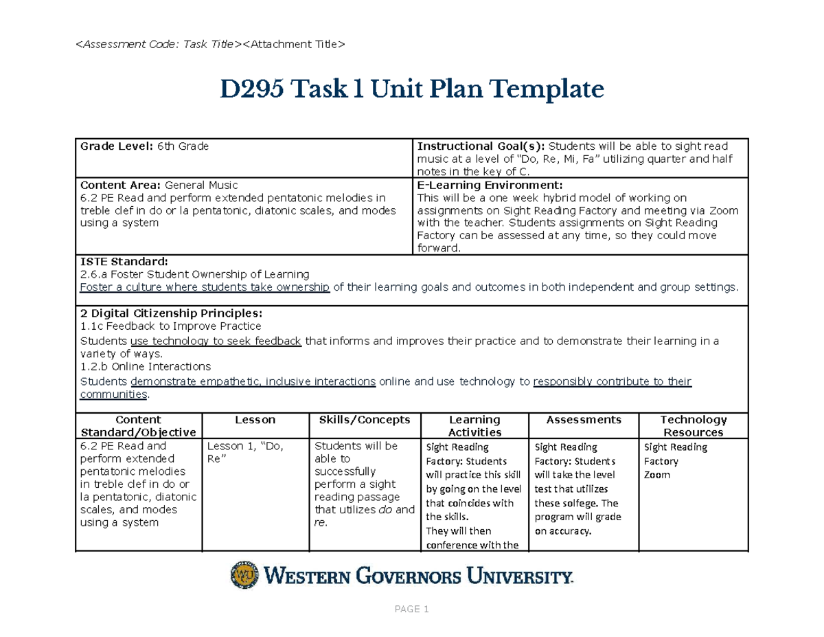 D295 SOM1 Task 1: 6th Grade General Music Unit Plan on Sight Reading ...