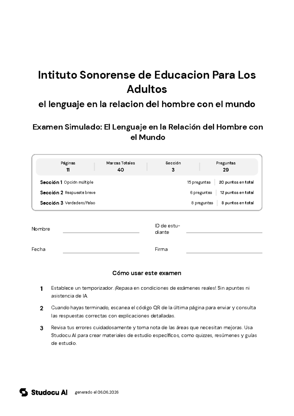 Examen Simulado: El Lenguaje en la Relación del Hombre con el Mundo ...