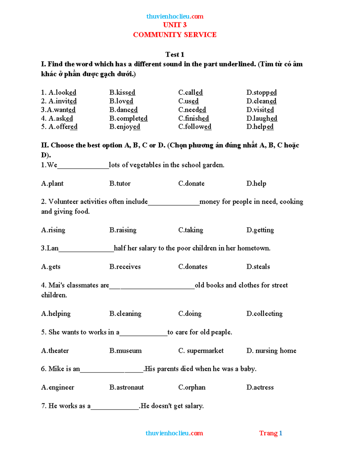 Community Service Test - UNIT 3: Volunteer Activities and Language ...