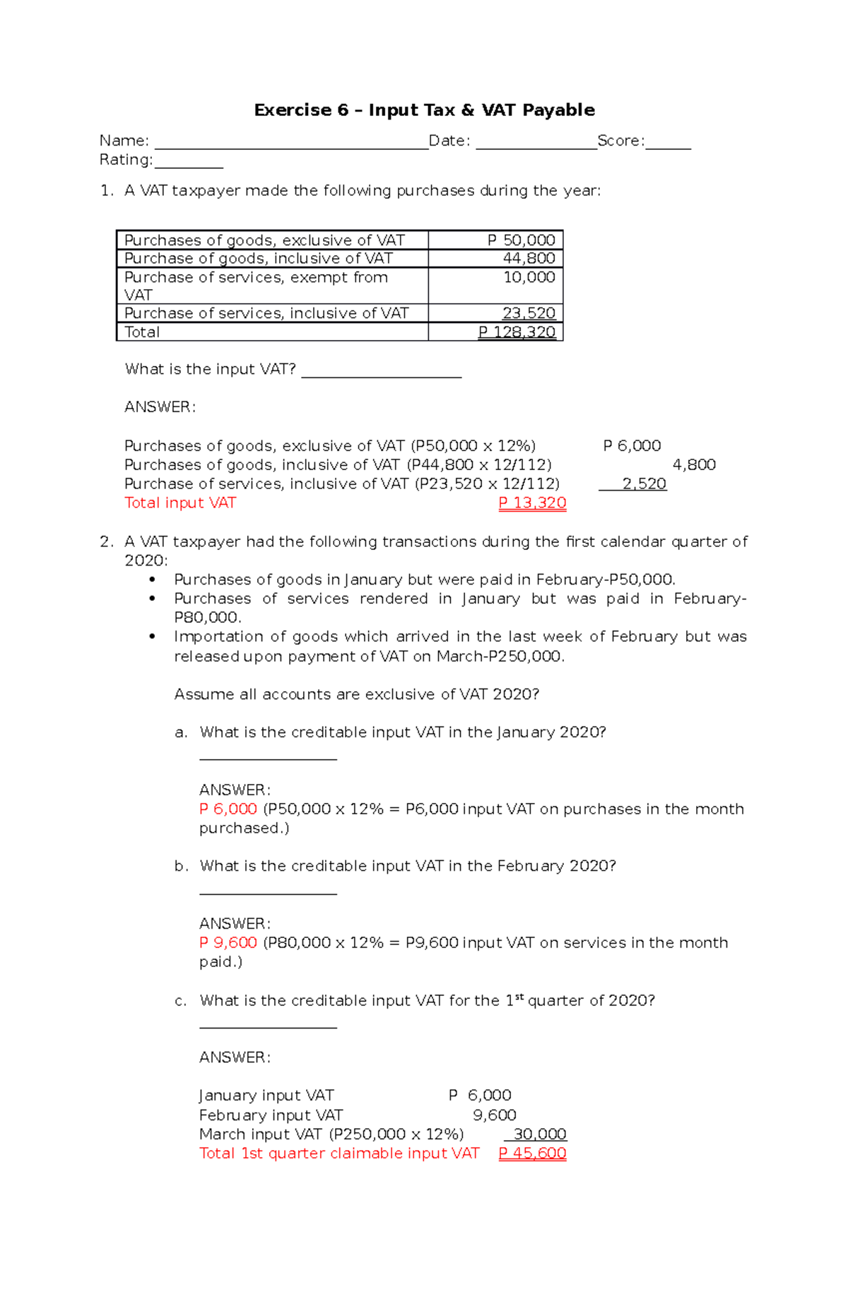 Exercise 6: Input VAT & VAT Payable - Answer Key for BUS TAXATION - Studocu