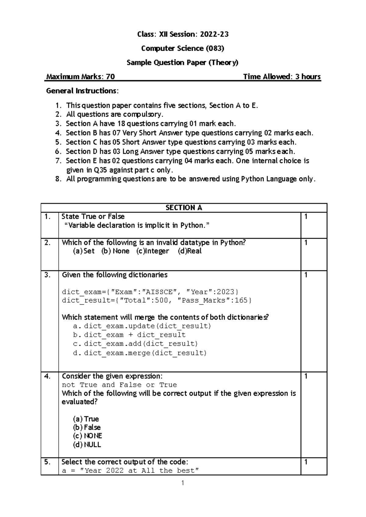 Computer Science-SQP - Class: XII Session: 2022- Computer Science (083) Sample Question Paper ...