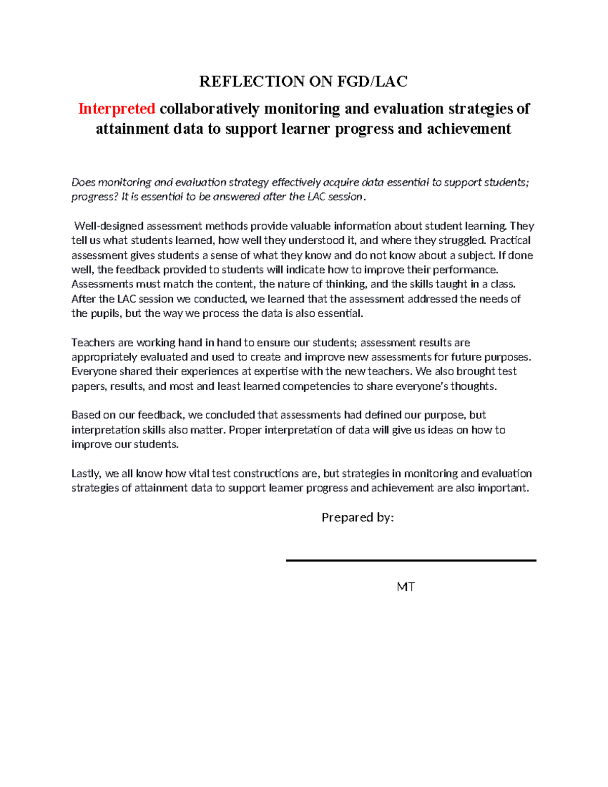 Reflection Notes on Monitoring & Evaluation Strategies (MT) - Studocu