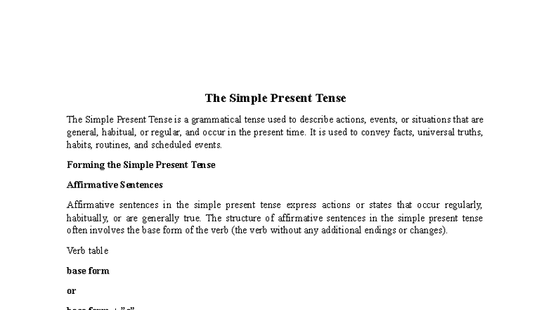 The Simple Present Tense: Understanding Its Usage and Structure - Studocu