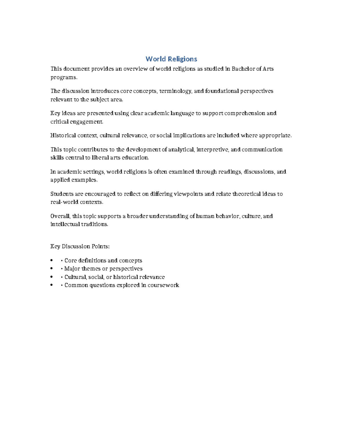 BA 07 World Religions Overview: Key Concepts & Perspectives - Studocu