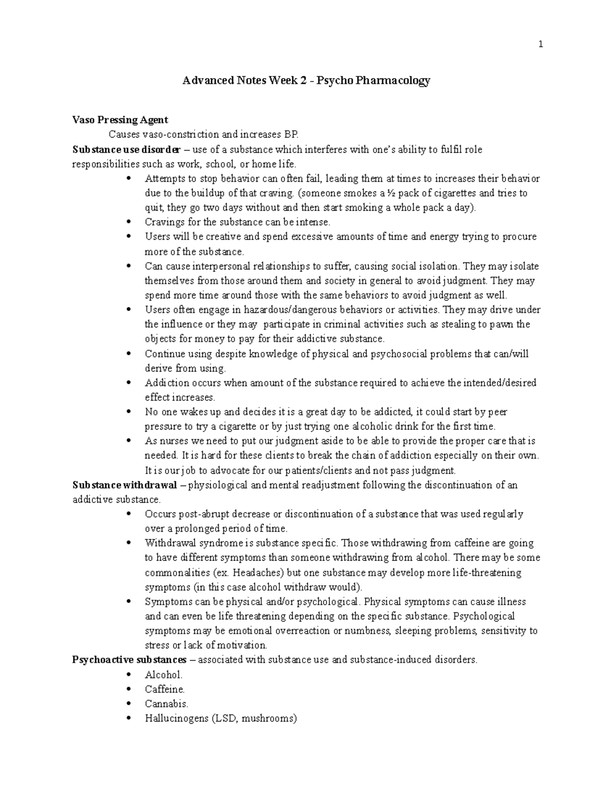 Advanced Notes Week 2 Psycho Pharmacology - Advanced Notes Week 2 ...