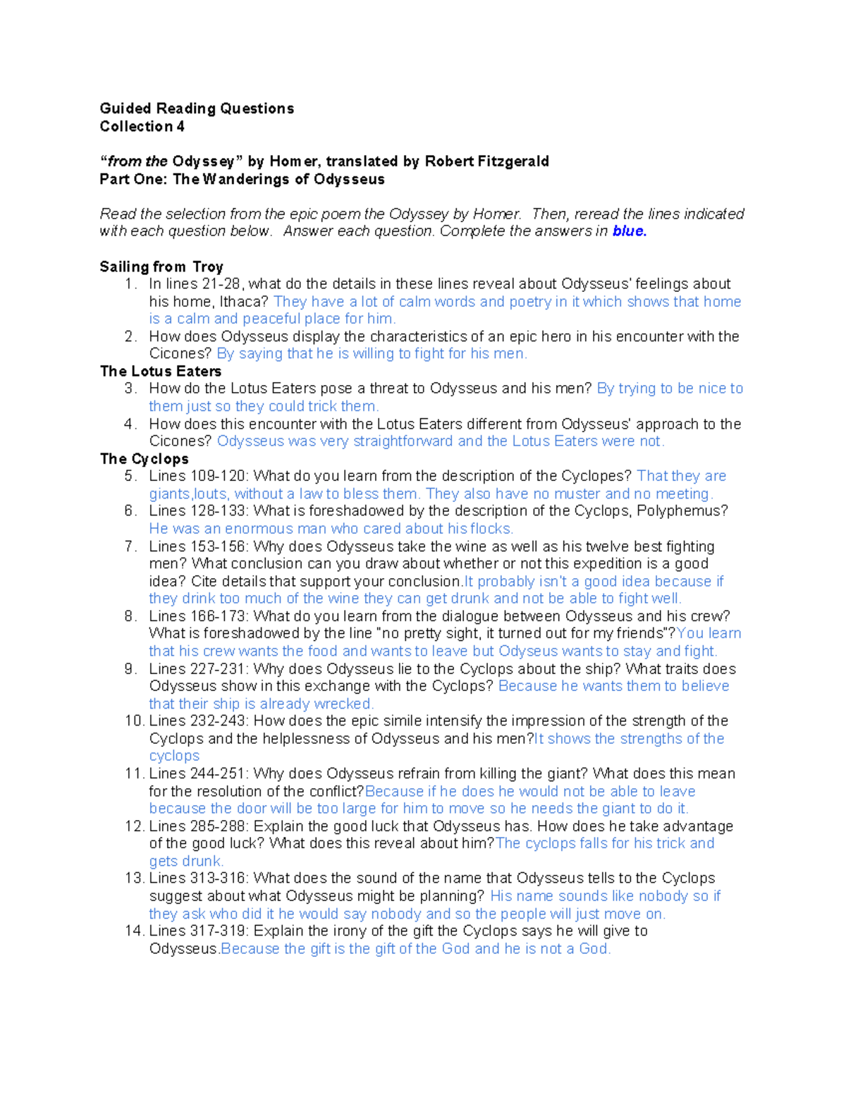 Guided Reading Questions for The Odyssey (Part 1, Homer) - Studocu