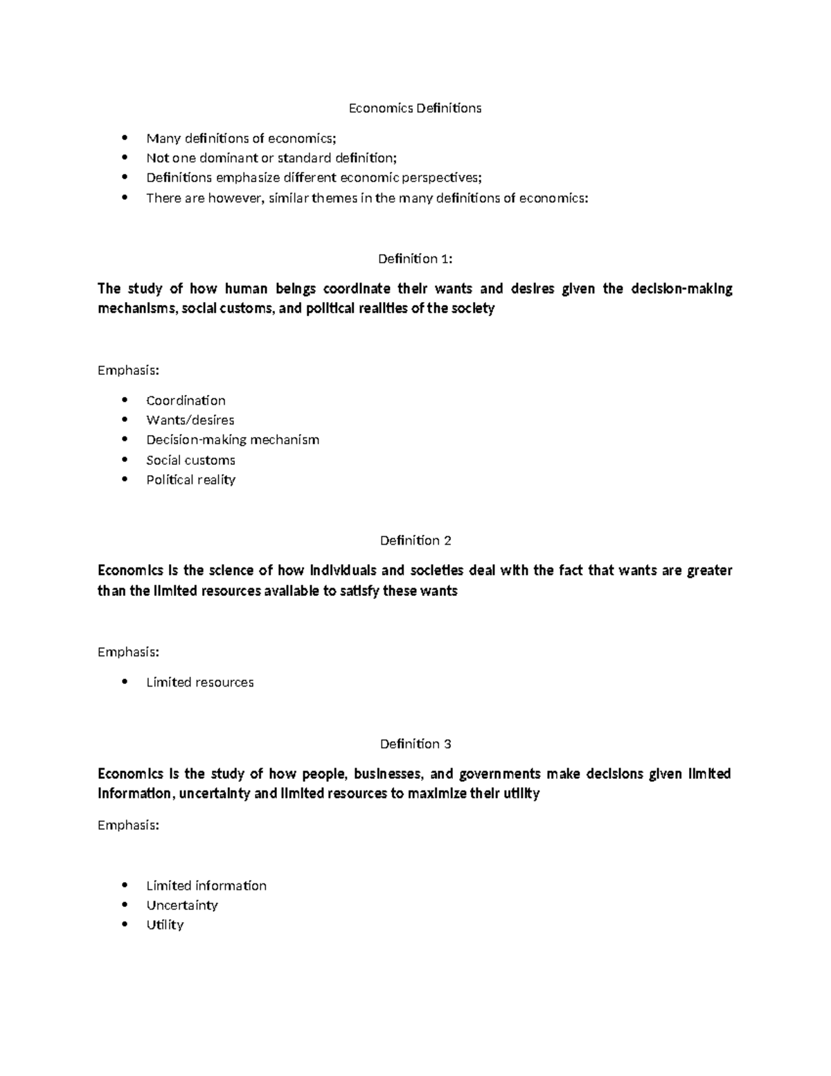 Economics Definitions: Key Concepts and Perspectives in Econ 101 - Studocu