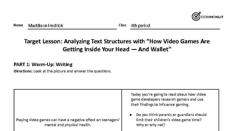 Analyzing Text Structures: Video Games' Impact on Youth - 4th Period ...