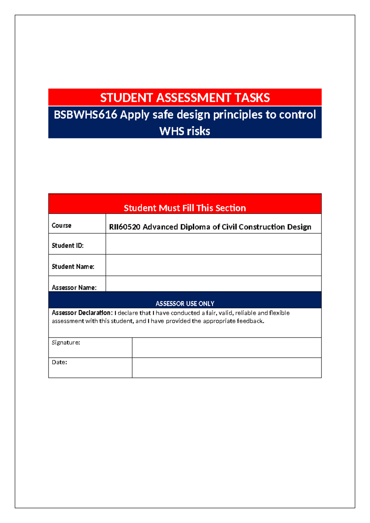 BSBWH616 Assessment Tasks: Safe Design Principles for WHS Risks - Studocu