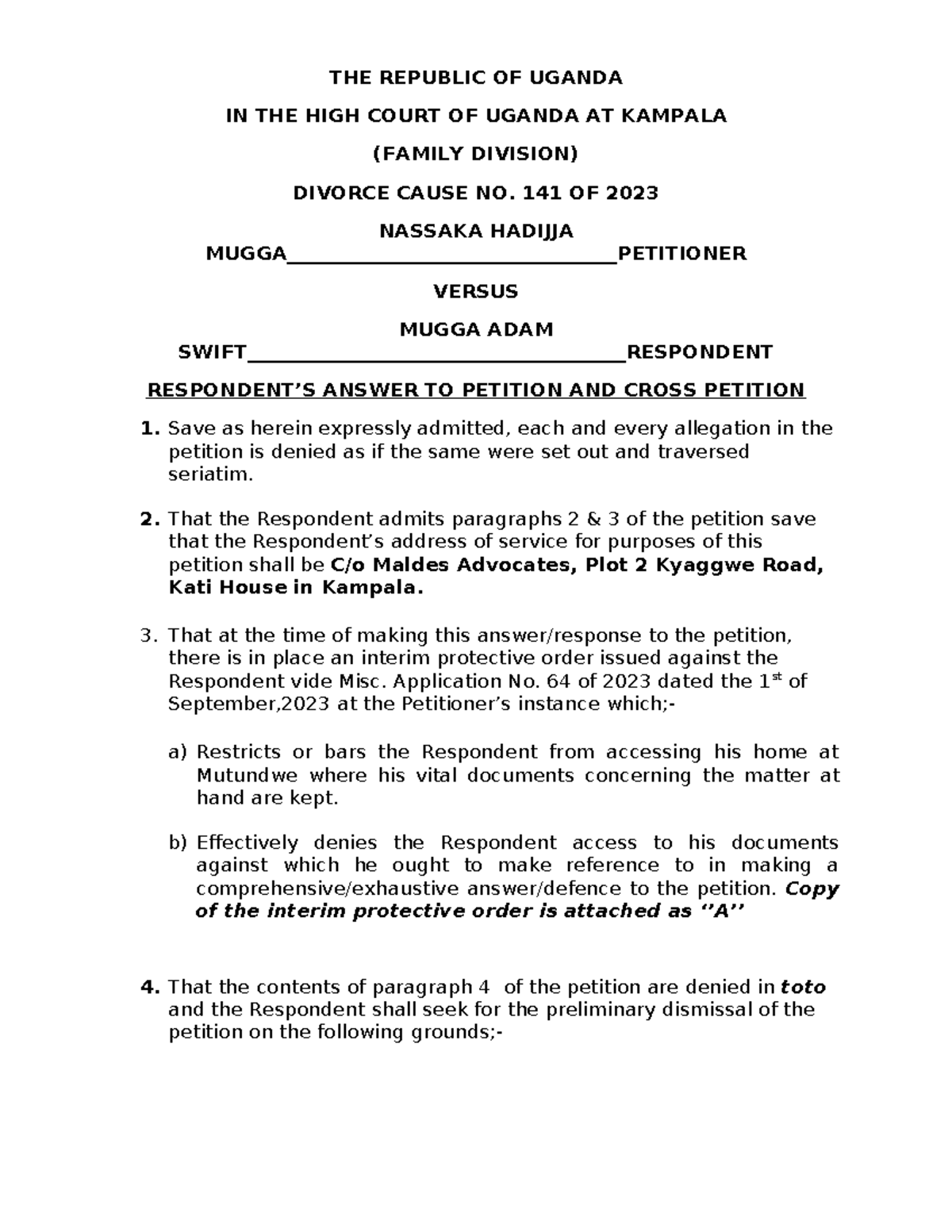 Reply to Divorce Petition - Mugga Adam vs. Nassaka Hadijja (Divorce ...