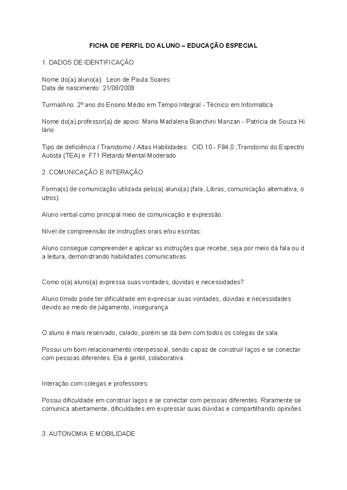 Ficha DE Perfil DO Aluno Leon – EducaçÃO Especial - FICHA DE PERFIL DO ...