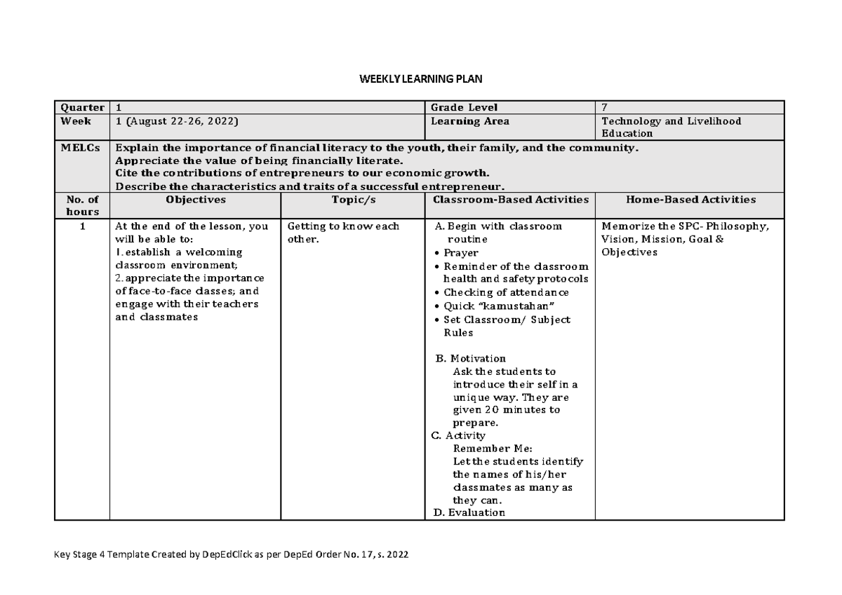 WLP-TLE-Grade 7 - Weekly Learning Plan (Quarter 1) - Studocu