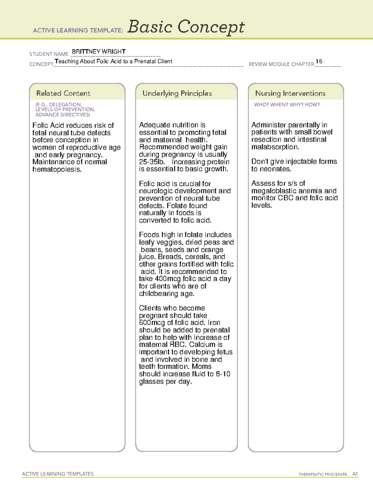 ACTIVE LEARNING TEMPLATE: Folic Acid Basics for Prenatal Care - Studocu