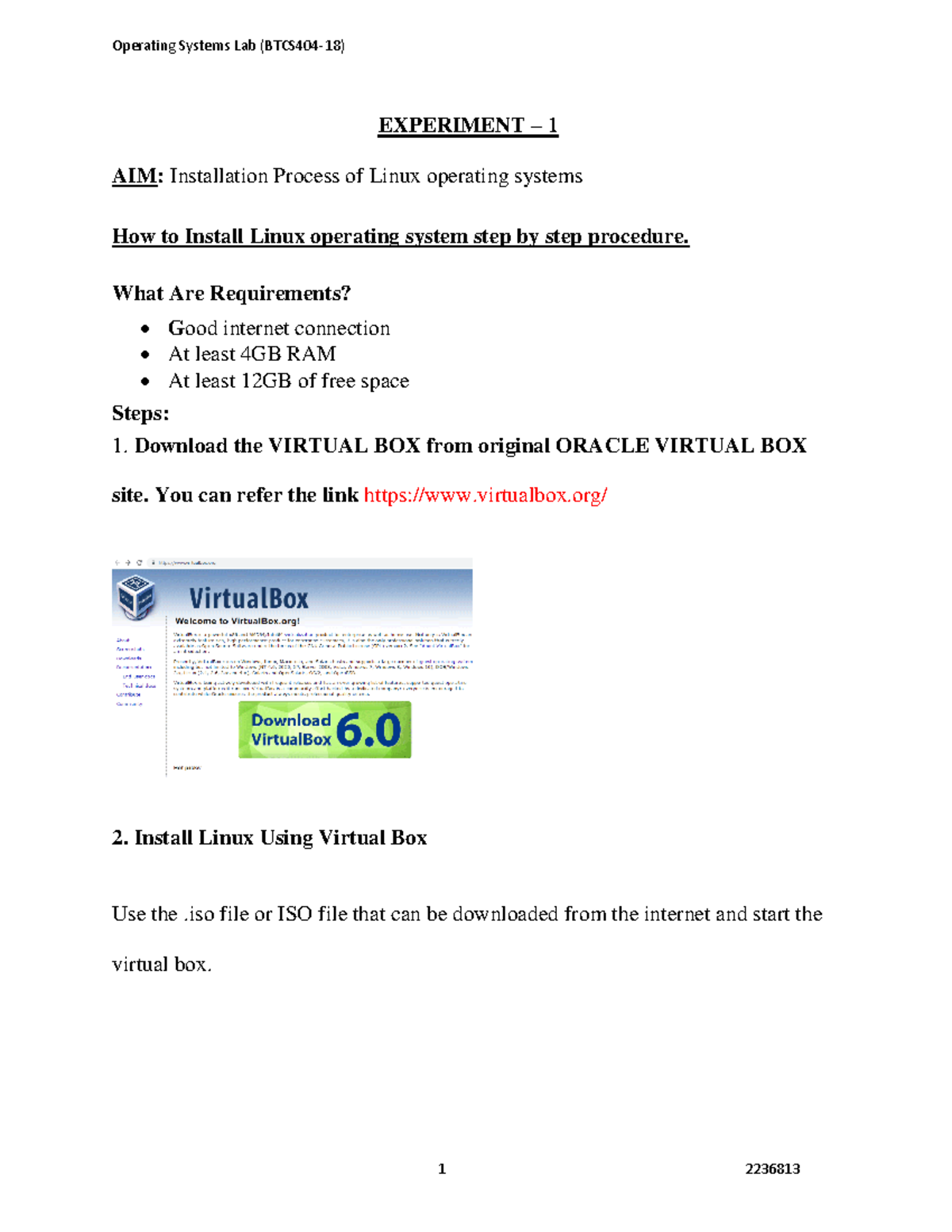Operating System Lab 1: Installing Linux via VirtualBox - Studocu