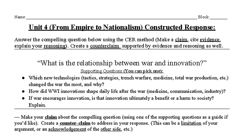 Unit 4 (From Empire to Nationalism) Exam: CER Response on War ...