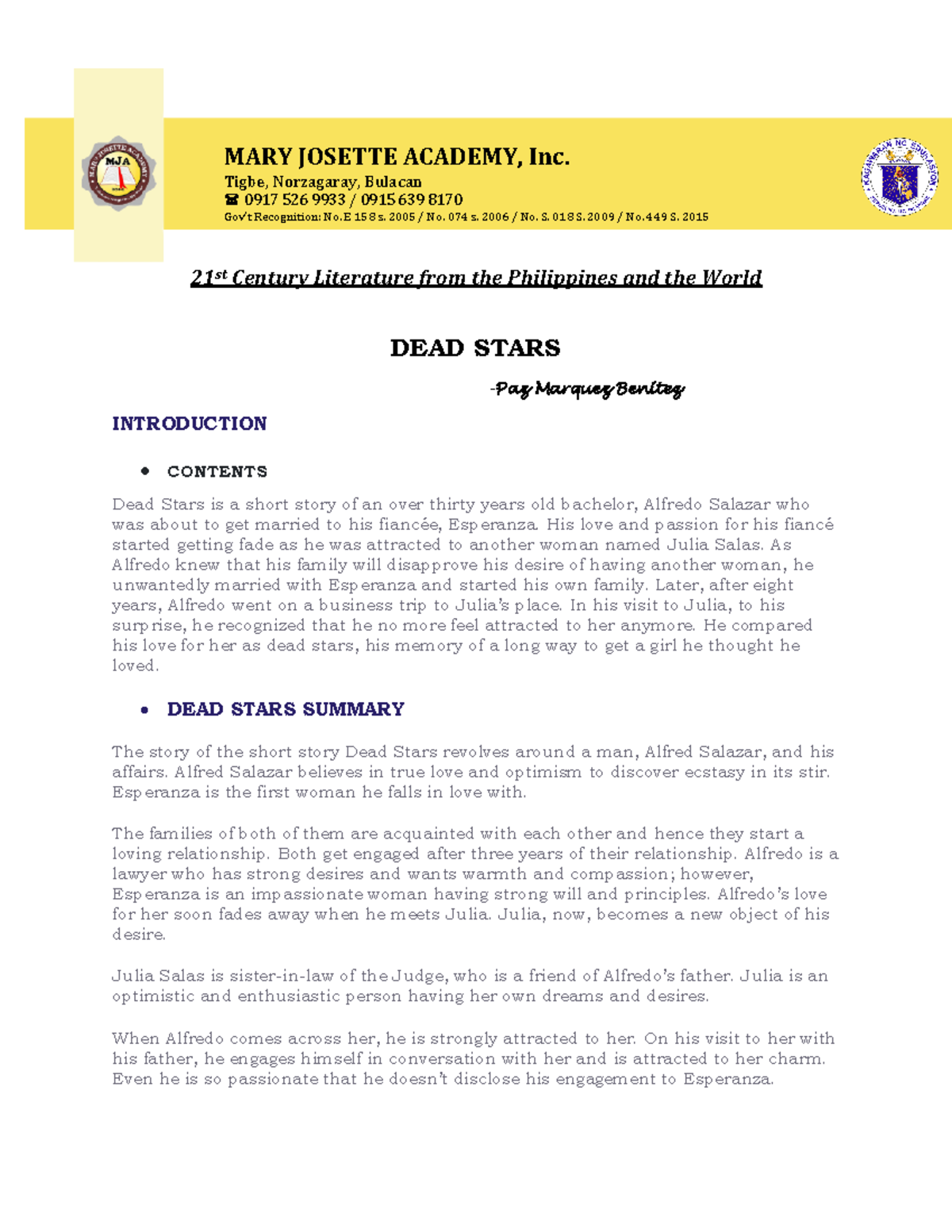 Daed Stars 0 Hm LBHa W - lesson plan - MARY JOSETTE ACADEMY, Inc. Tigbe ...