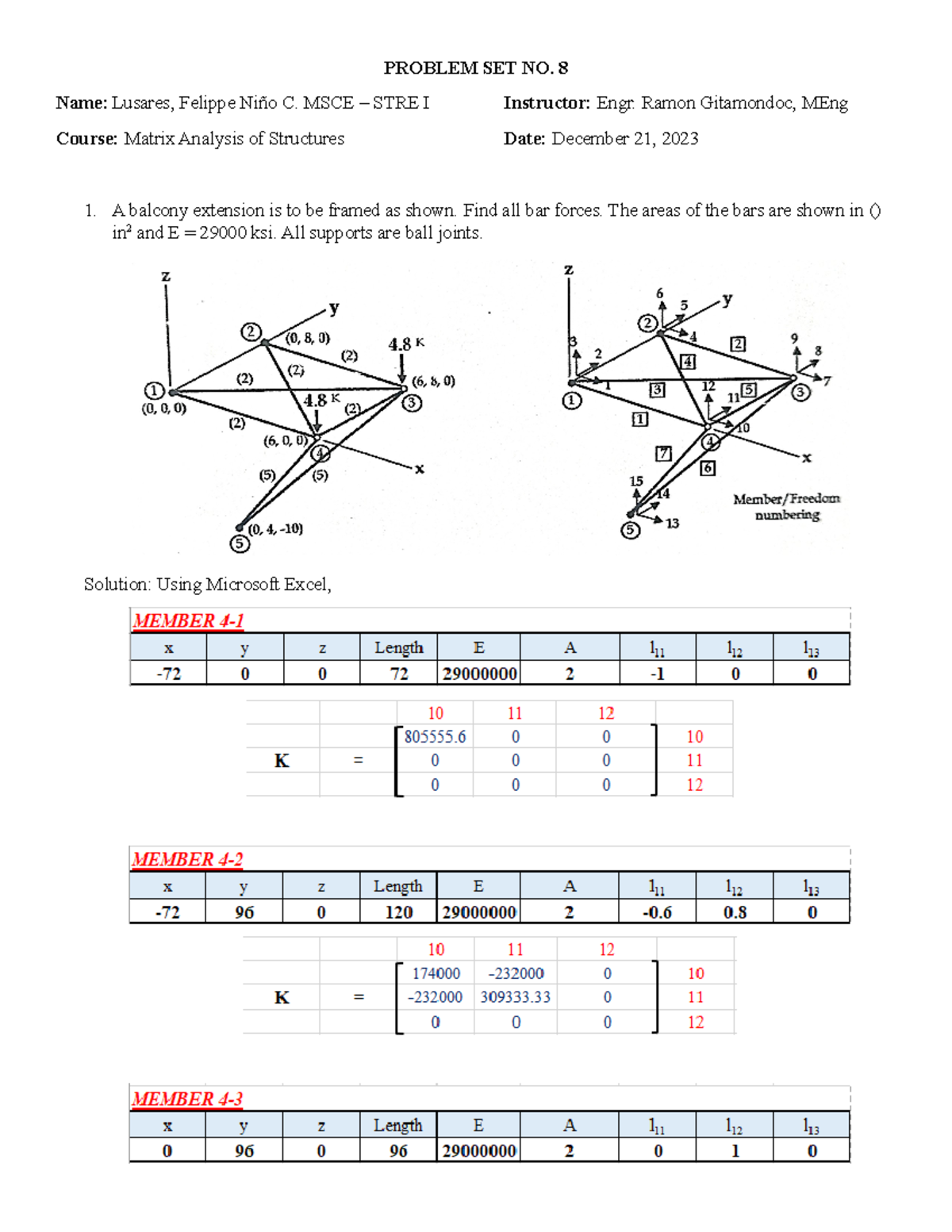 PS8 - Matrix Analysis - PROBLEM SET NO. 8 Name: Lusares, Felippe Niño C. MSCE – STRE I ...