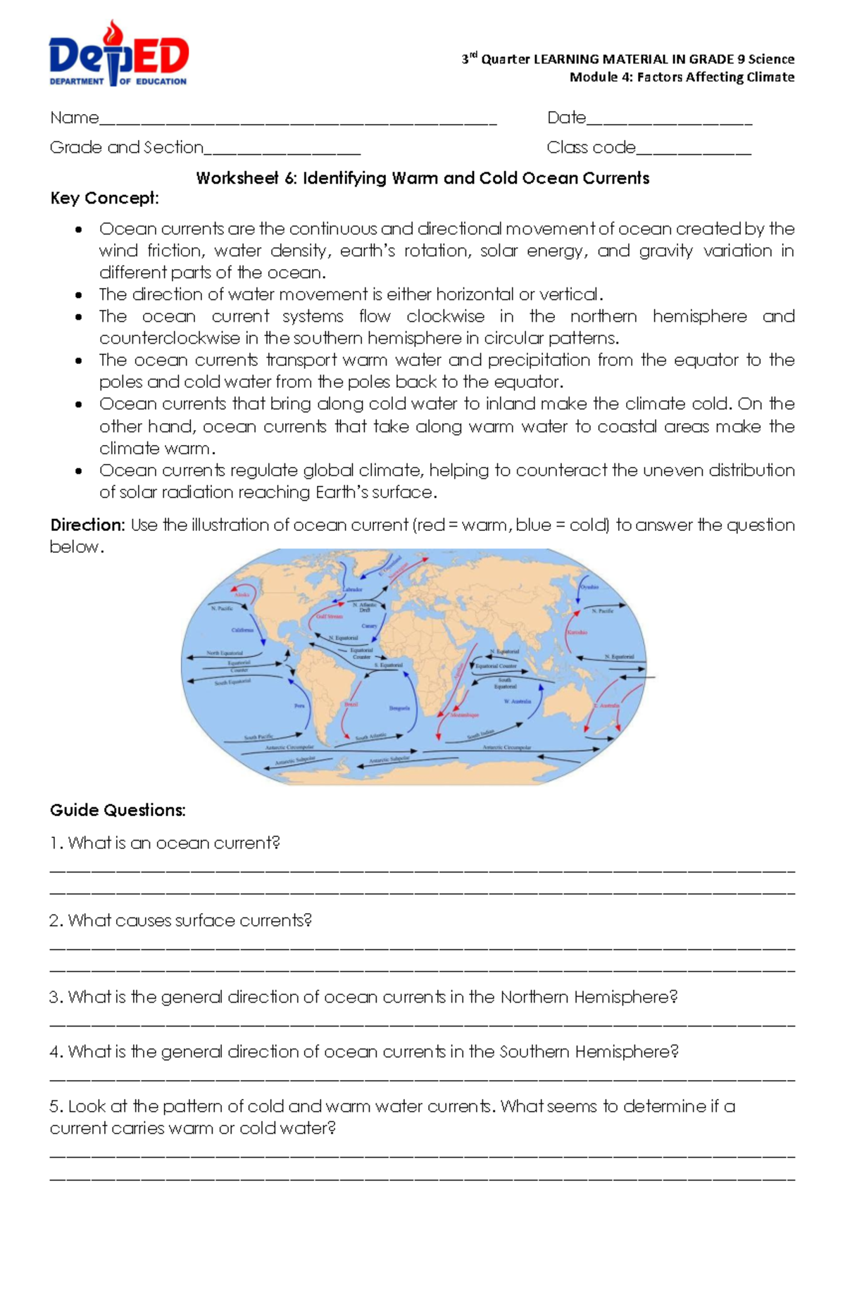 Q3 Worksheets 3-6: Factors Affecting Climate in Grade 9 Science - Studocu